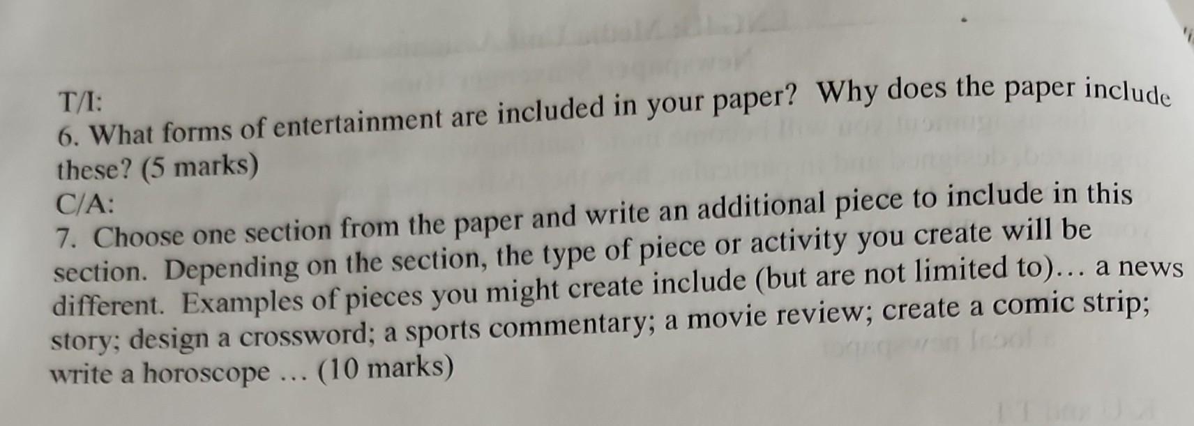 ENG4U: Media Unit Assignment Newspaper Scavenger Hunt | Chegg.com