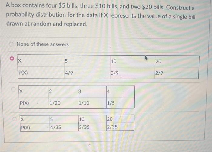 Solved A box contains four $5 bills, three $10 bills, and | Chegg.com