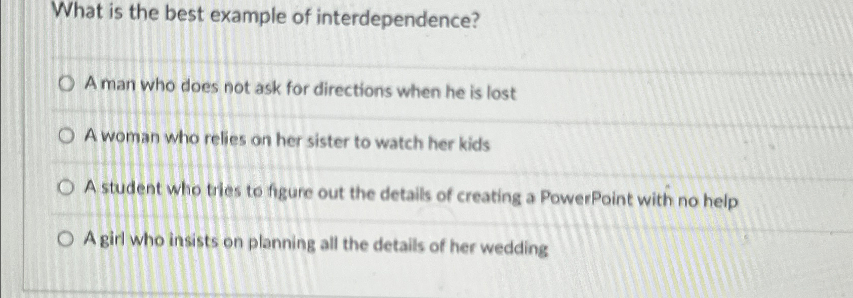 Solved What is the best example of interdependence?A man who | Chegg.com