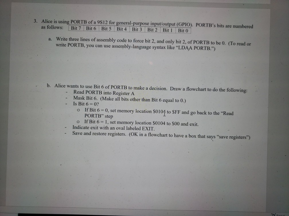 3. Alice is using PORTB of a 9812 for general-purpose | Chegg.com