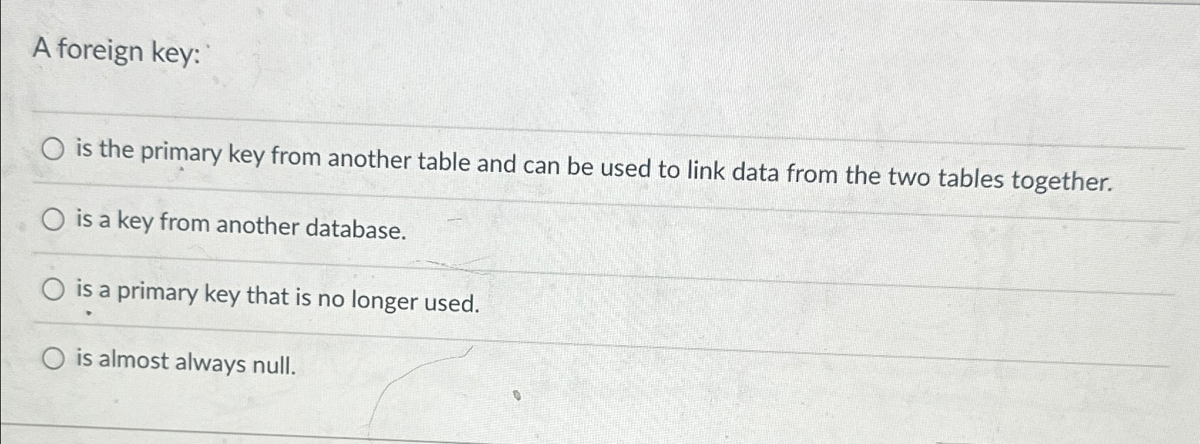 Solved A foreign key:is the primary key from another table | Chegg.com