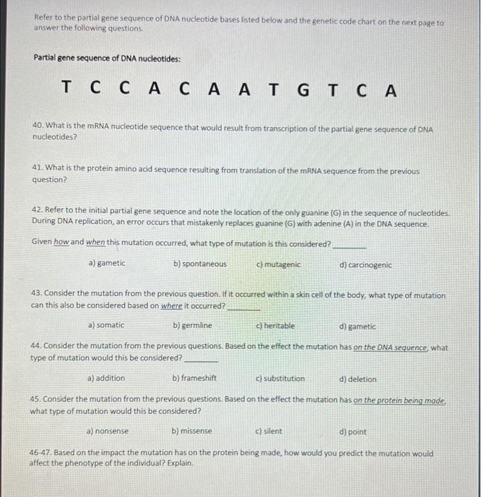 Solved Refer to the partial gene sequence of DNA nucleotide | Chegg.com