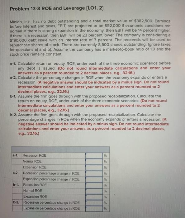 Solved Problem 13-3 ROE and Leverage (LO1, 2] Minion, Inc., | Chegg.com
