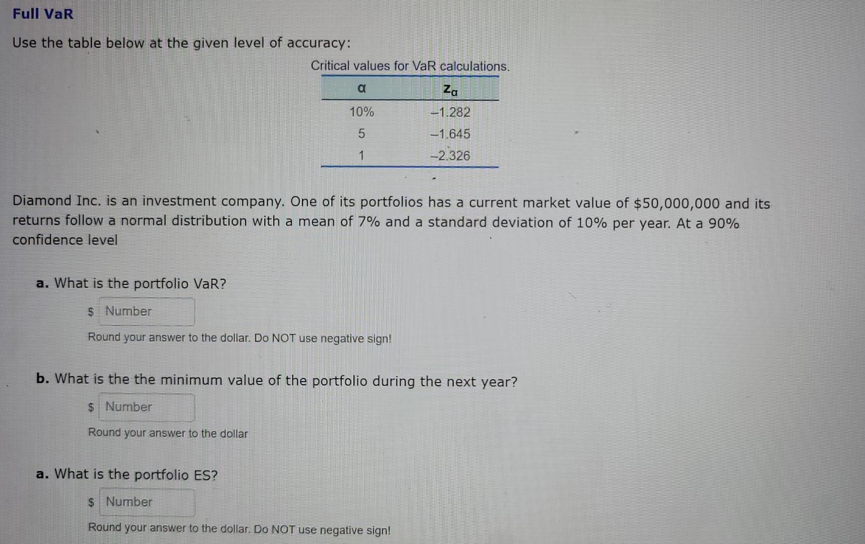 Full VaR Use the table below at the given level of | Chegg.com