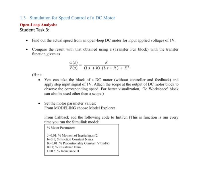 1.3 Simulation for Speed Control of a DC Motor | Chegg.com