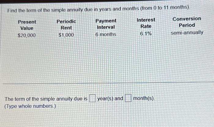 Solved Find the term of the simple annuity due in years and | Chegg.com