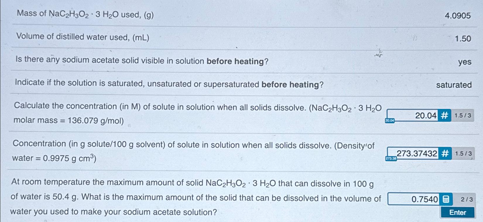 Solved Mass of NaC2H3O2*3H2O ﻿used, (g)4.0905Volume of | Chegg.com