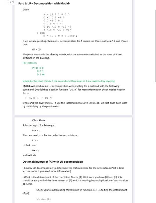 Solved Part 1: LU - Decomposition with Matlab Grven A | Chegg.com