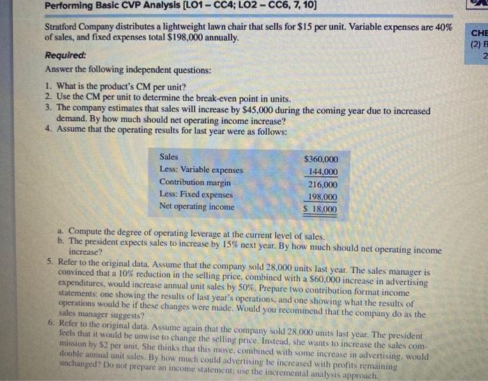 Solved CHE (2) E 2 Performing Basic CVP Analysis (L01 - CC4; | Chegg.com