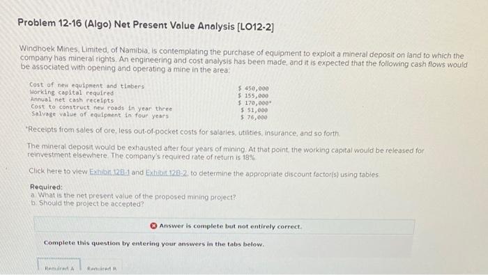 Solved Problem 12-16 (Algo) Net Present Value Analysis | Chegg.com