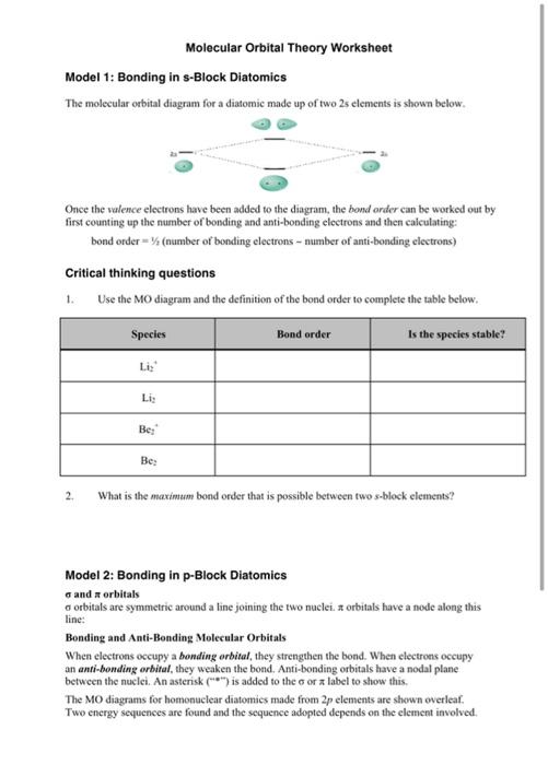 Solved Molecular Orbital Theory Worksheet Model 1: Bonding | Chegg.com