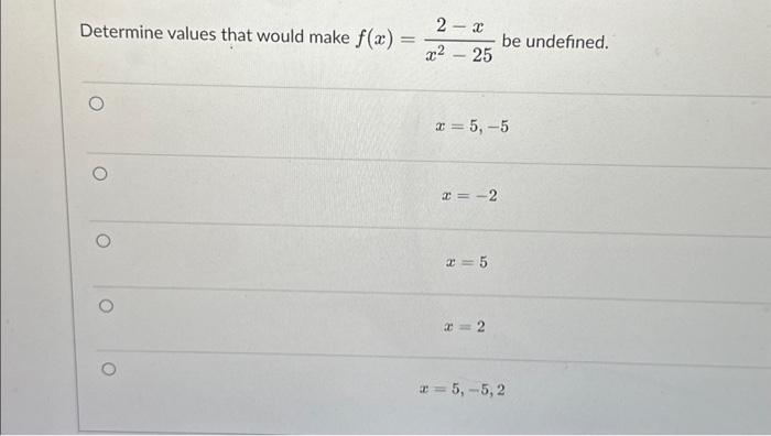 Solved Determine values that would make f(x) O 2 x x² 25 - | Chegg.com