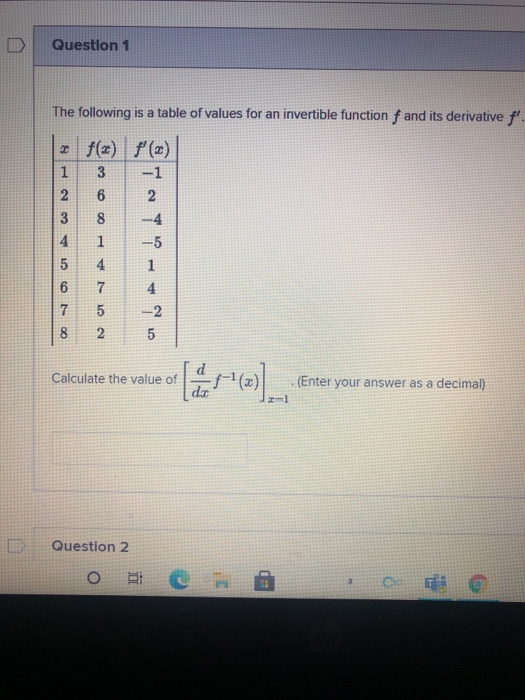 Solved Question 1 The following is a table of values for an | Chegg.com