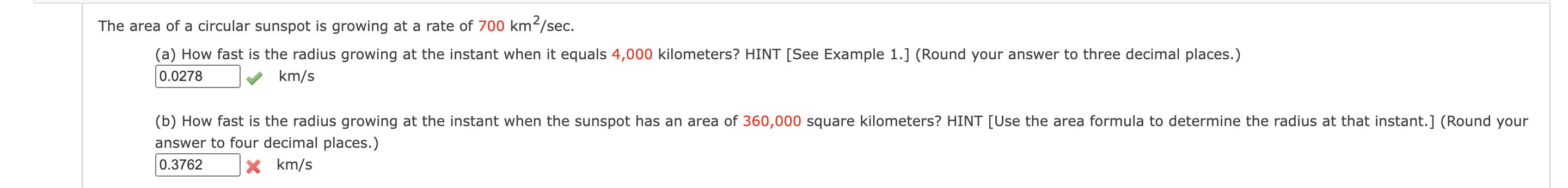 Solved The area of a circular sunspot is growing at a rate | Chegg.com