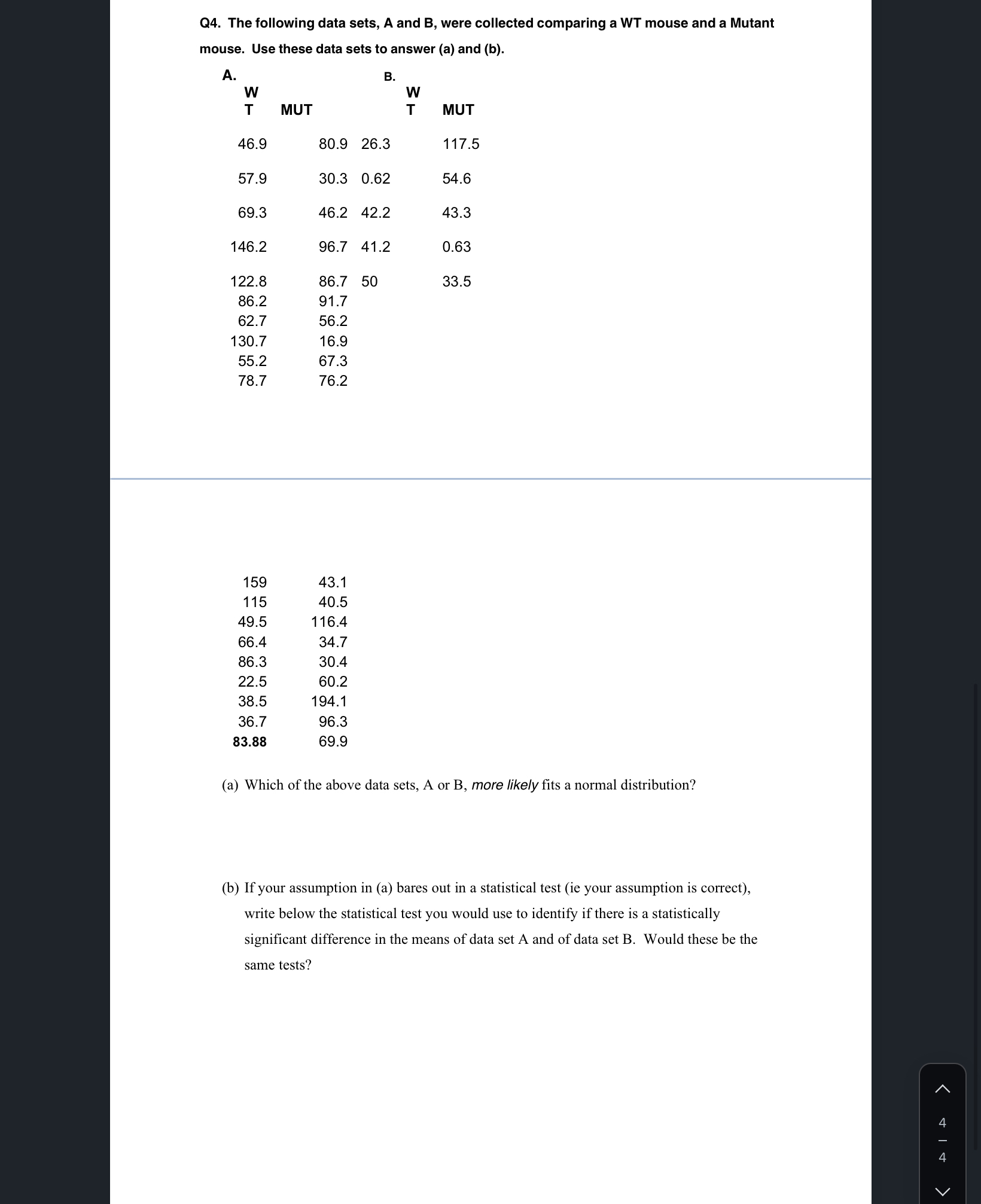 Solved Q4. ﻿The following data sets, A and B, ﻿were | Chegg.com
