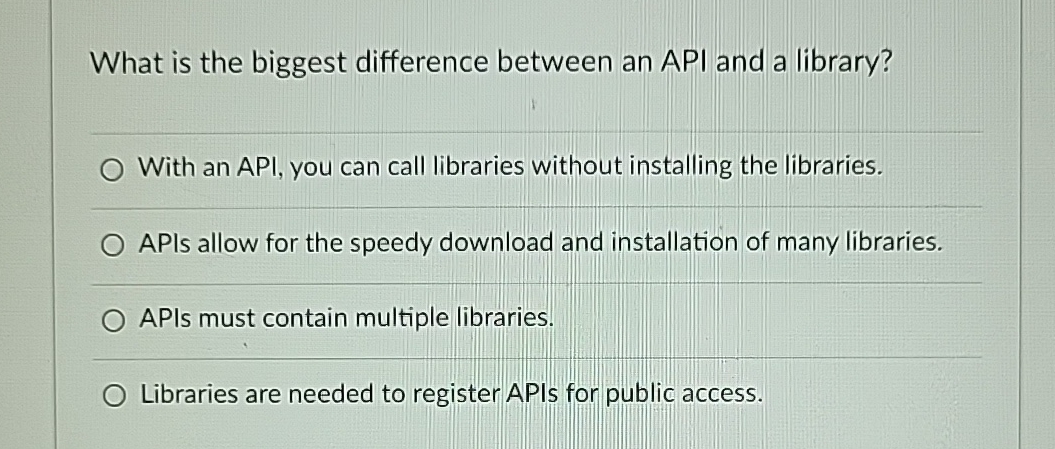 Solved What is the biggest difference between an API and a | Chegg.com