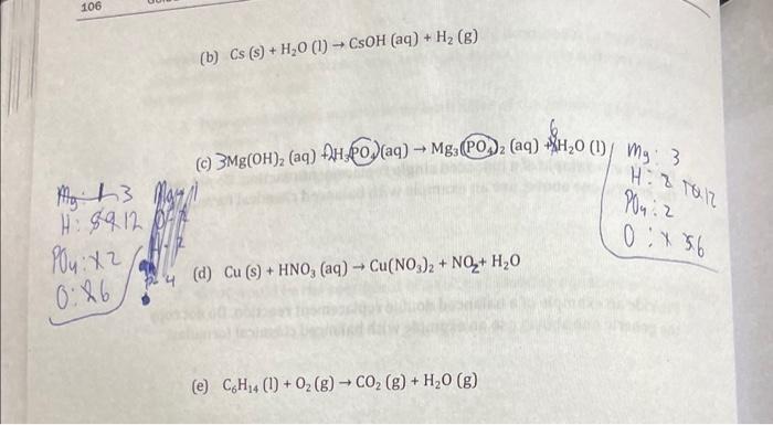 Solved (b) Cs(s)+H2O(l)→CsOH(aq)+H2 (g) (e) C6H14(l)+O2( | Chegg.com
