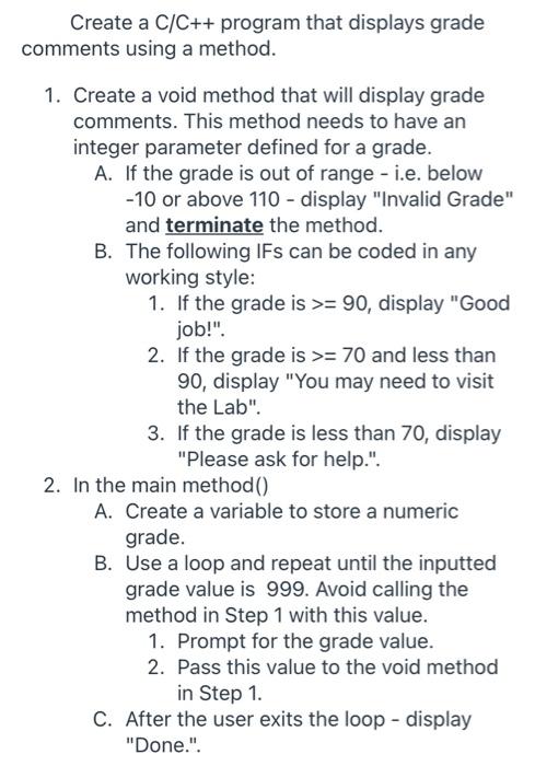 Solved Create a C/C++ program that displays grade comments | Chegg.com