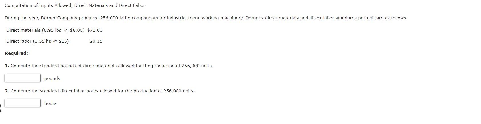 Computation of Inputs Allowed, Direct Materials and | Chegg.com