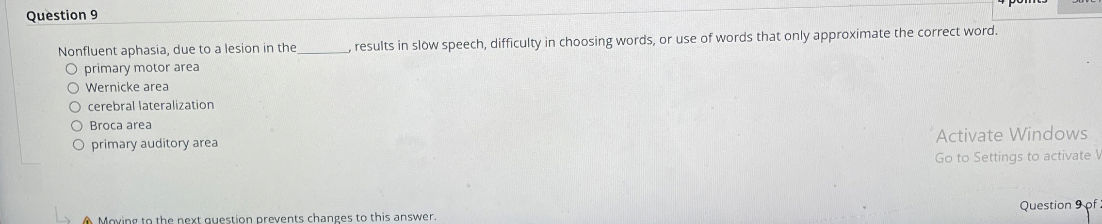 Solved Question 9Nonfluent aphasia, due to a lesion in the | Chegg.com