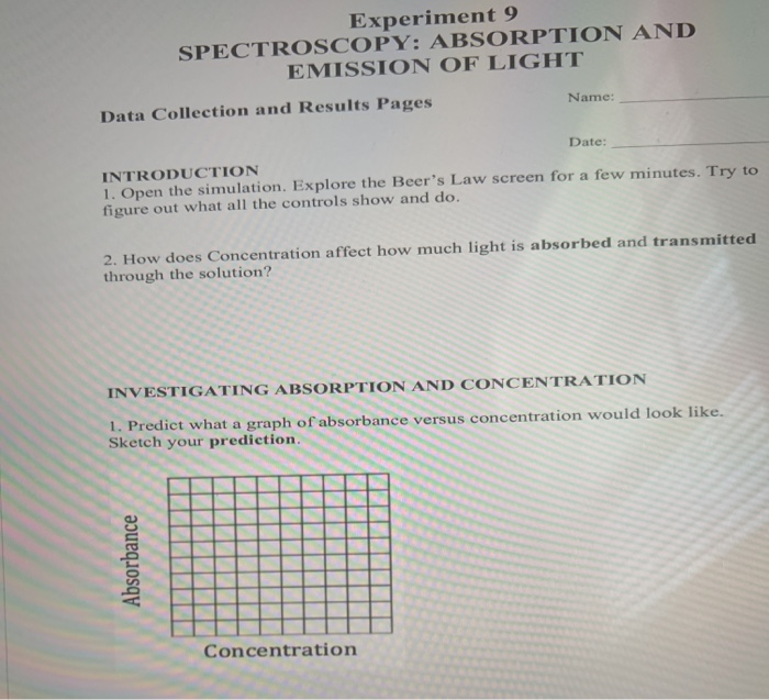 Experiment 9 SPECTROSCOPY: ABSORPTION AND EMISSION OF | Chegg.com