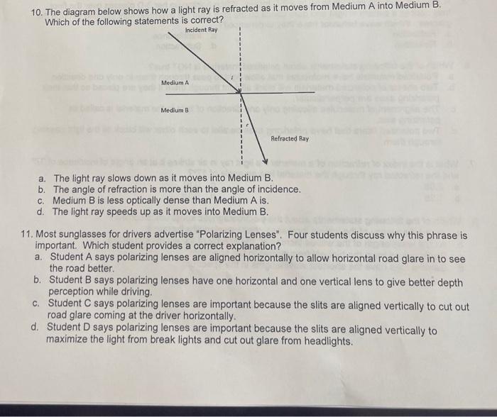 Solved 10. The diagram below shows how a light ray is | Chegg.com