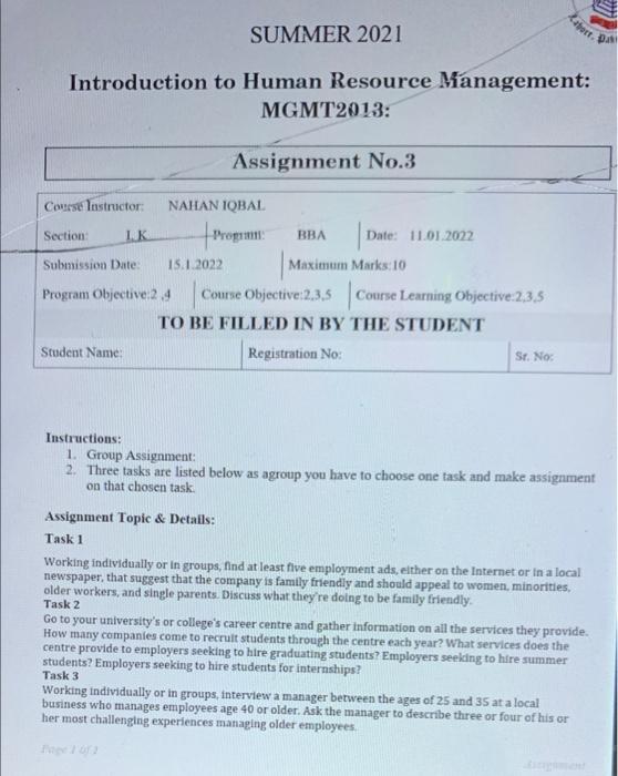 Solved abort SUMMER 2021 Da Introduction to Human Resource | Chegg.com