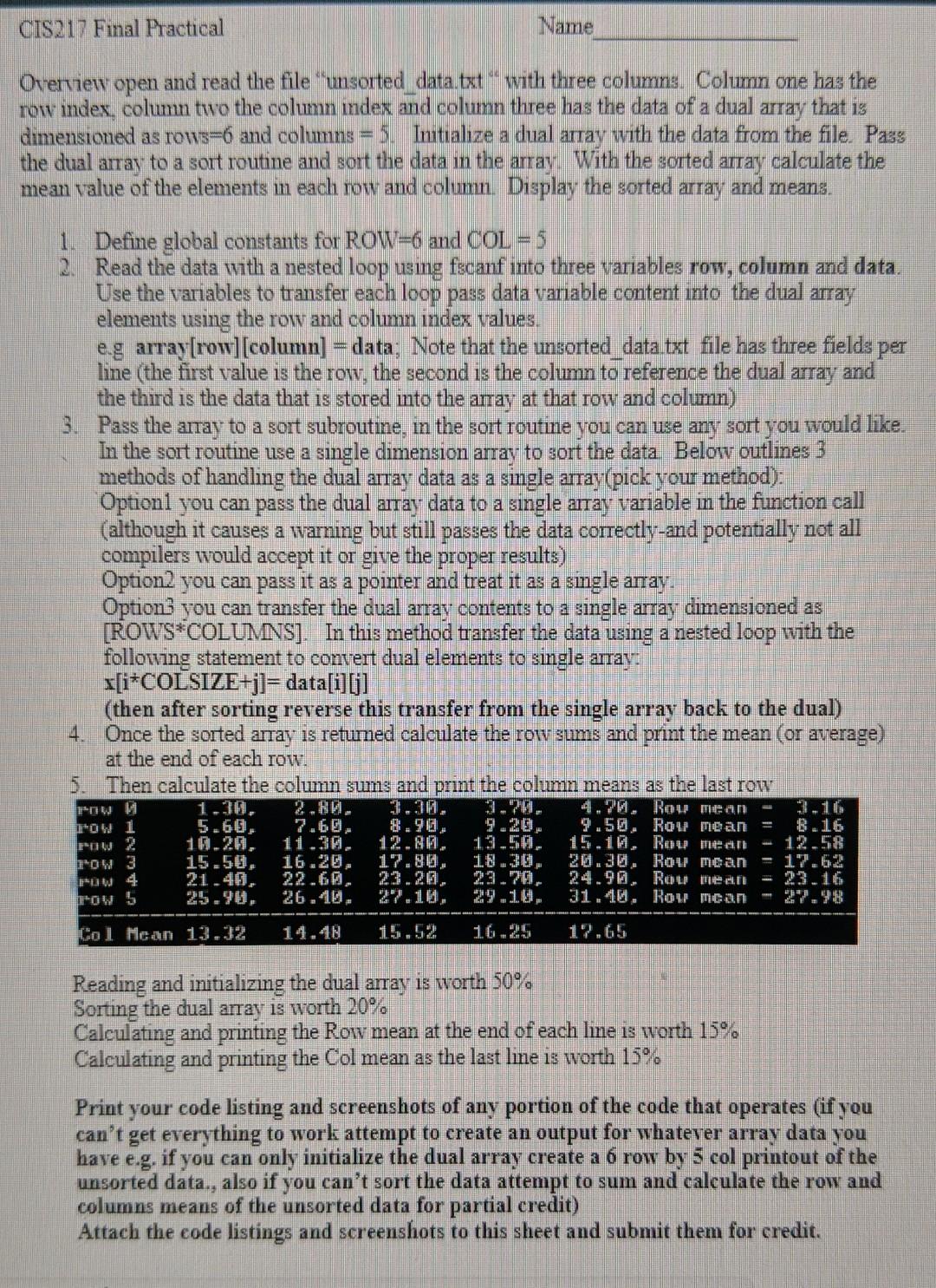 Solved CIS217 Final Practical Name Overview open and read | Chegg.com
