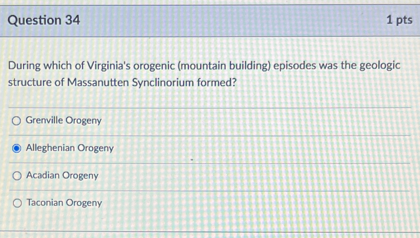 Solved Question 341 ﻿ptsDuring which of Virginia's orogenic | Chegg.com