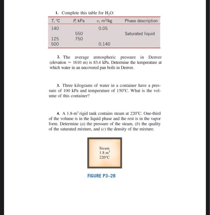 Solved Phase description 1. Complete this table for H2O: T. | Chegg.com