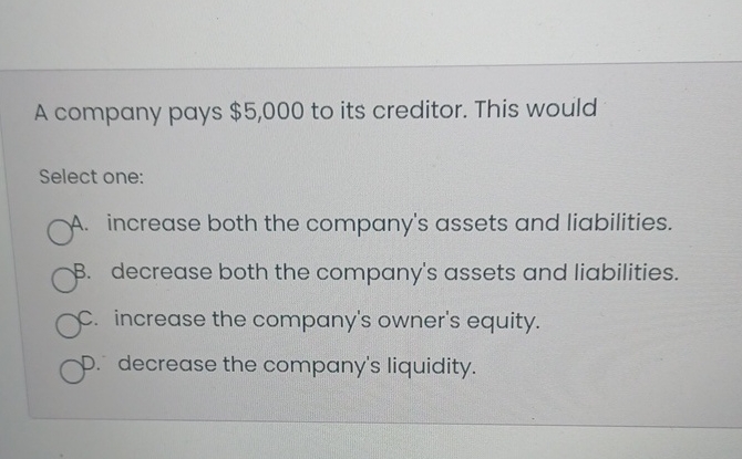 Solved A company pays $5,000 ﻿to its creditor. This | Chegg.com