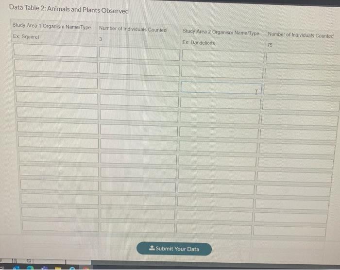 Data Table 2: Animals and Plants Observed | Chegg.com