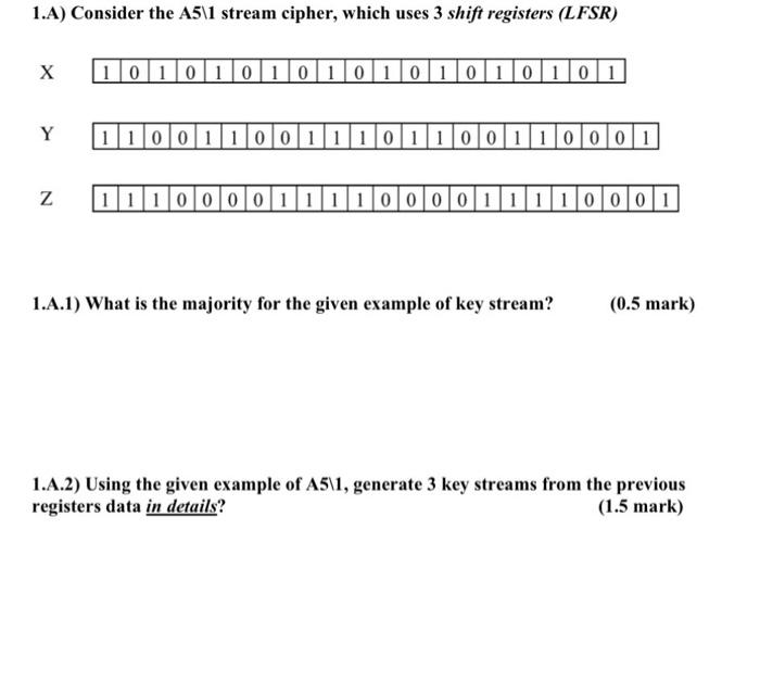 Solved 1.A) Consider the A5\1 stream cipher, which uses 3 | Chegg.com