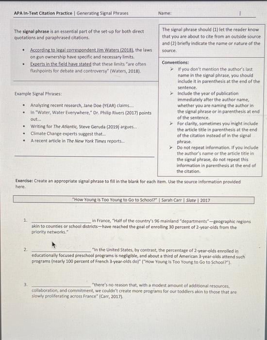 APA In-Text Citation Practice | Generating Signal | Chegg.com