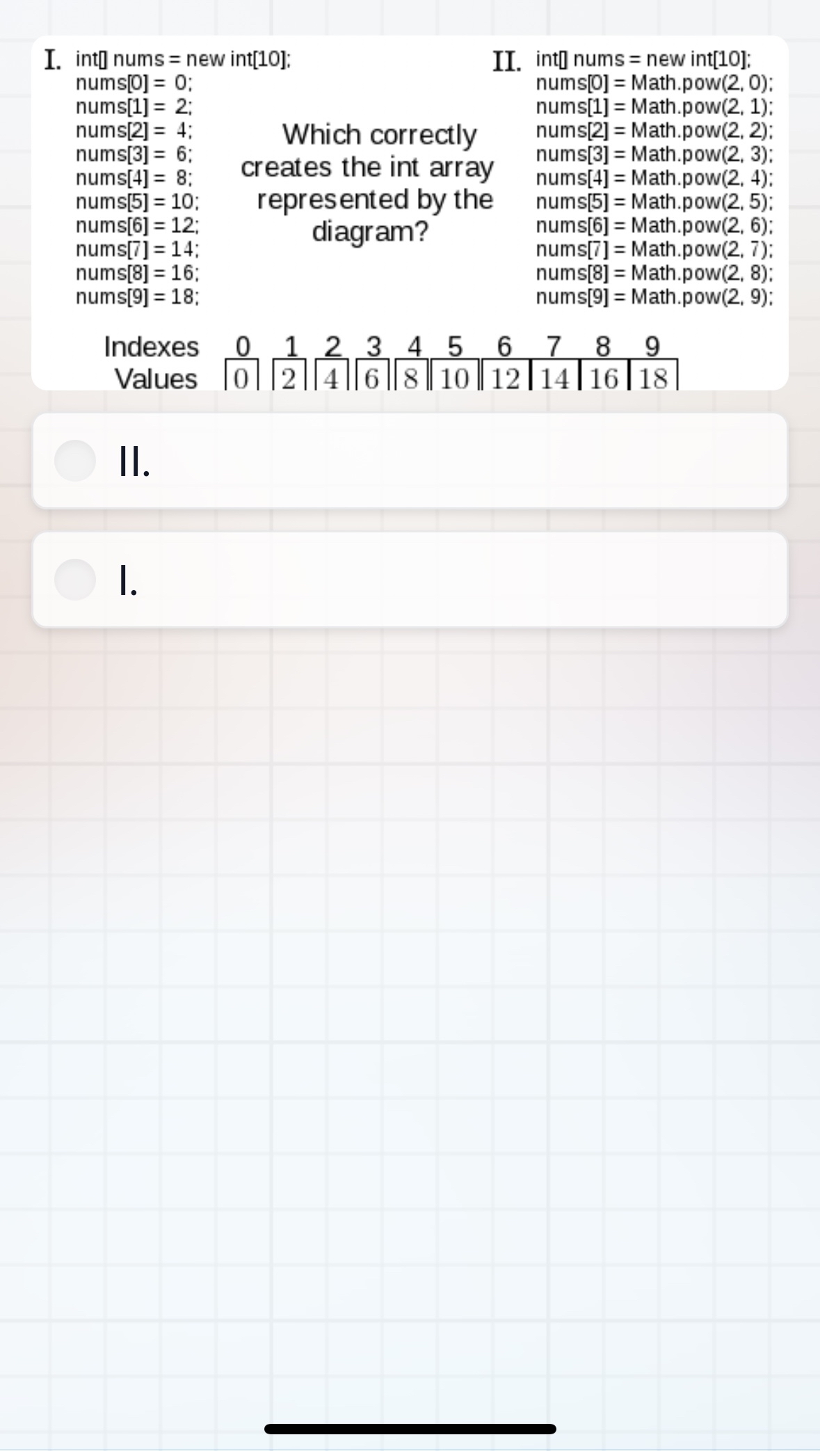 I. int] ﻿nums = ﻿new int[10]:nums [0]=0;nums | Chegg.com