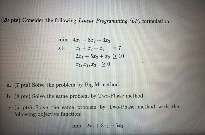 Solved (20 pts) Consider the following Linear Programming | Chegg.com