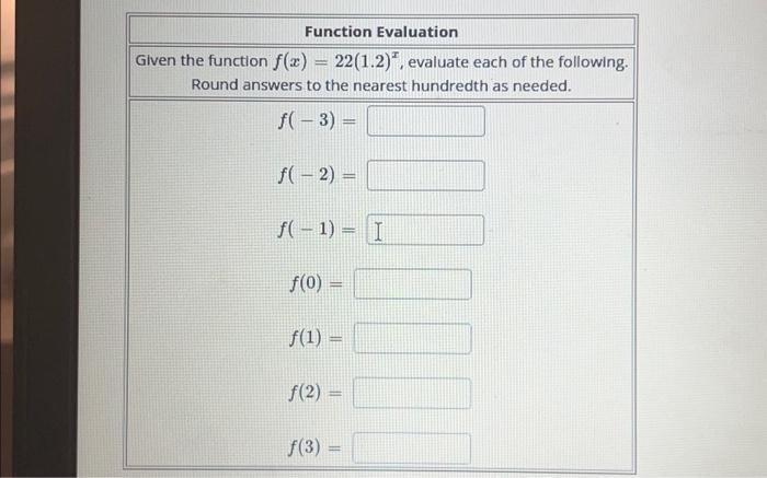 Solved Given the function f(x)=22(1.2)x, evaluate each of | Chegg.com