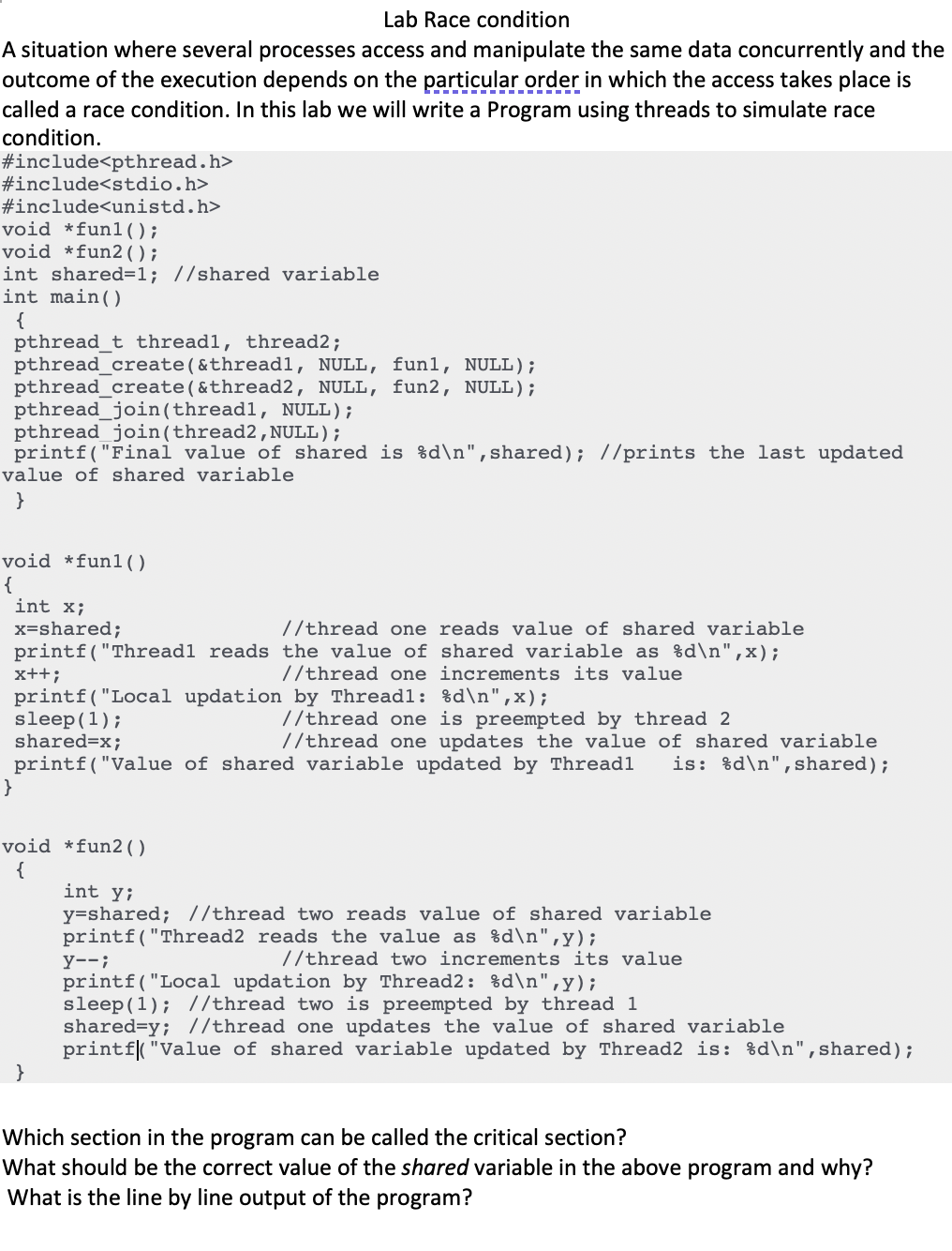 Solved Lab Race conditionA situation where several processes | Chegg.com