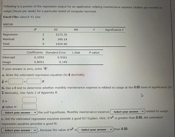 Solved Following is a portion of the regression output for | Chegg.com