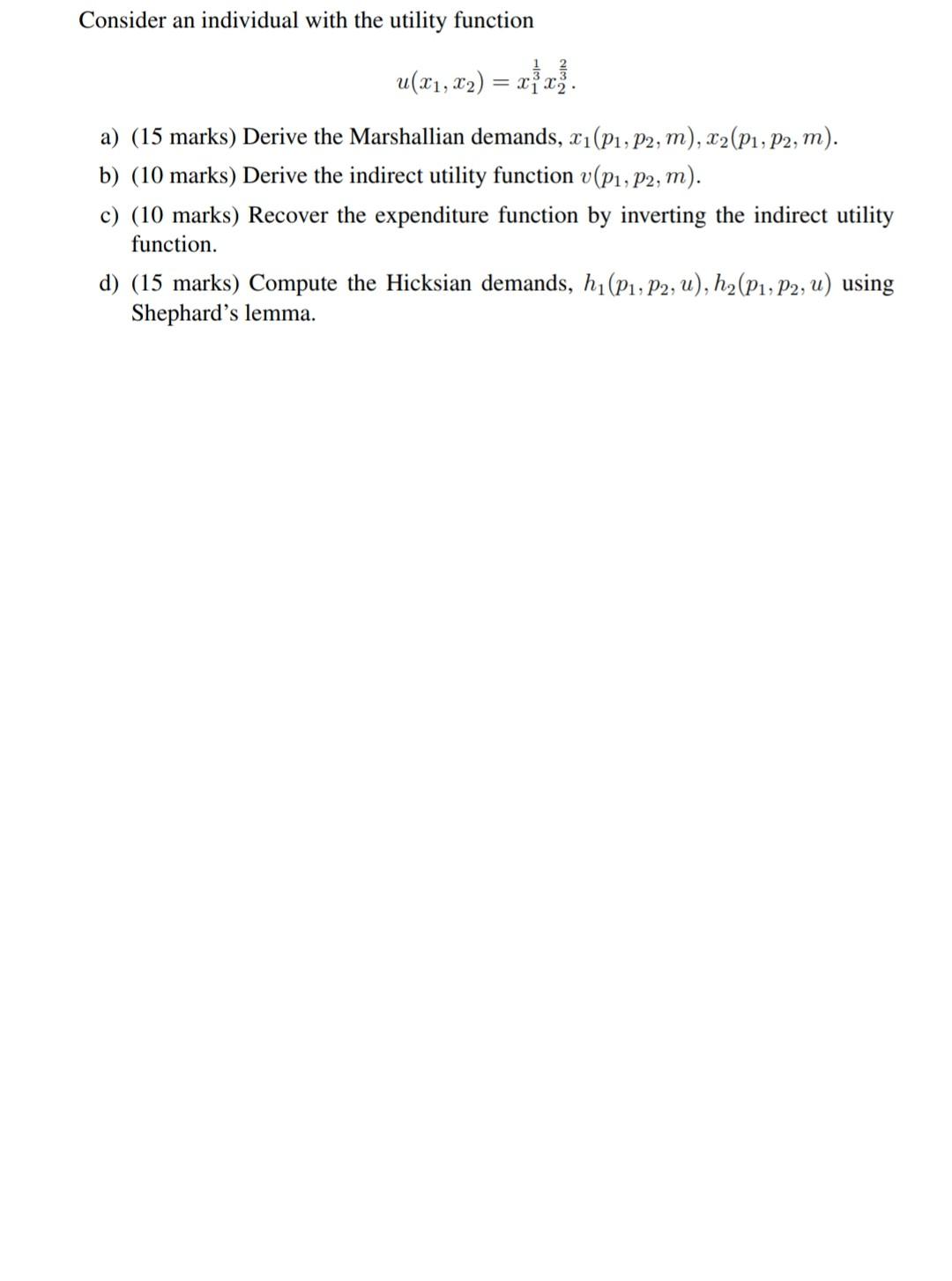 Solved Consider an individual with the utility function | Chegg.com