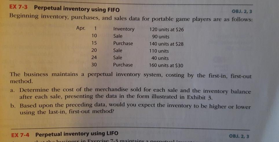 Solved EX 7-3 Perpetual inventory using FIFO OBJ. 2, 3 | Chegg.com