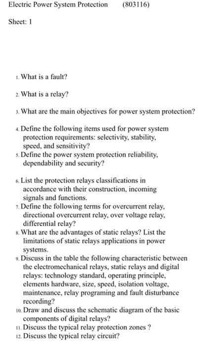 Solved Electric Power System Protection (803116) Sheet: 1 1. | Chegg.com