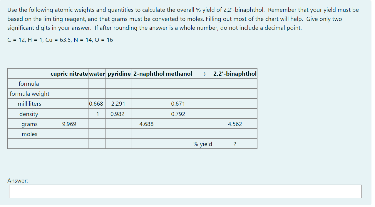Solved Use the following atomic weights and quantities to | Chegg.com