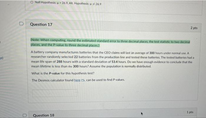 Solved Null Hypothesis: μ=26,9. Alt. Hypothesis: μ =26,9 | Chegg.com