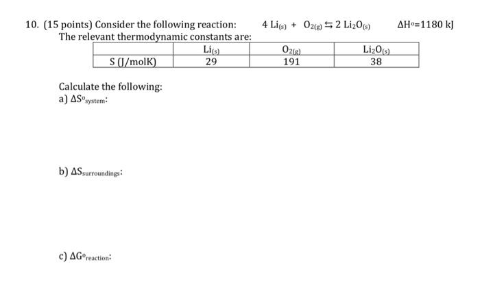 Solved 4 Li(s) + 028 5 2 Li20 ΔHo=1180 k] 10. (15 points) | Chegg.com