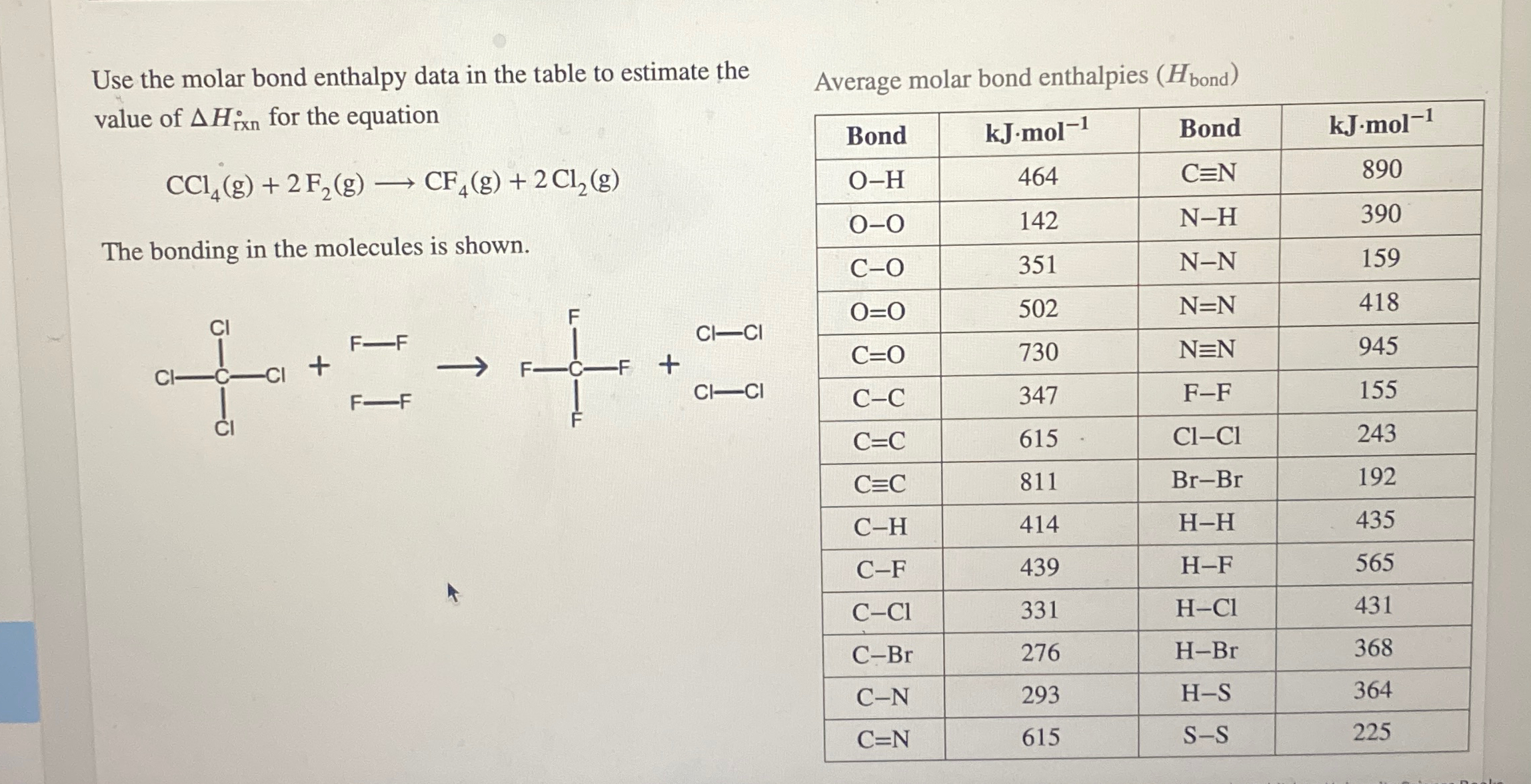 Solved Use the molar bond enthalpy data in the table to | Chegg.com
