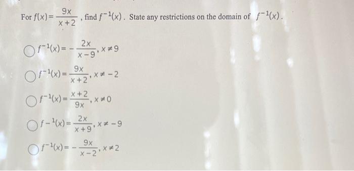 Solved For f(x)=x+29x, find f−1(x). State any restrictions | Chegg.com
