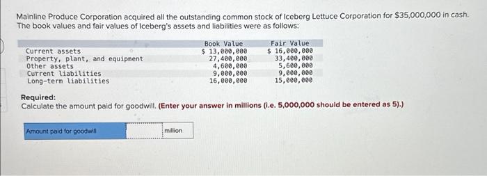 Solved Mainline Produce Corporation acquired all the | Chegg.com