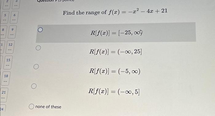 Solved Find the range of f(x)=−x2−4x+21 R[f(x)]=[−25,∞ | Chegg.com
