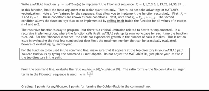 Solved Write a MATLAB function [y] = myFibon(n) to implement | Chegg.com